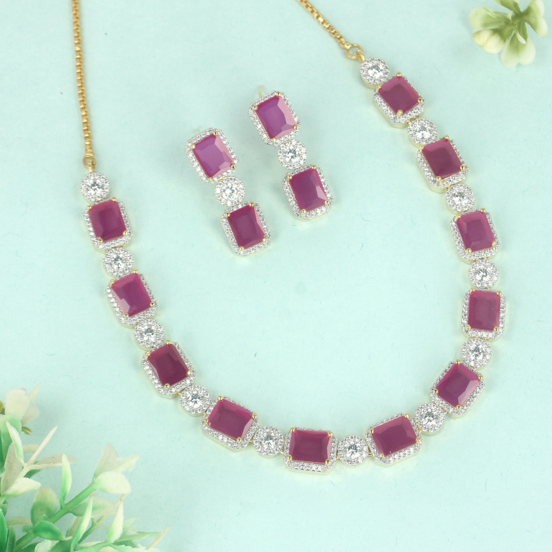 Buy CZ Antique Simple Square Pink Necklace Set - SIA428715 – SIA Jewellery